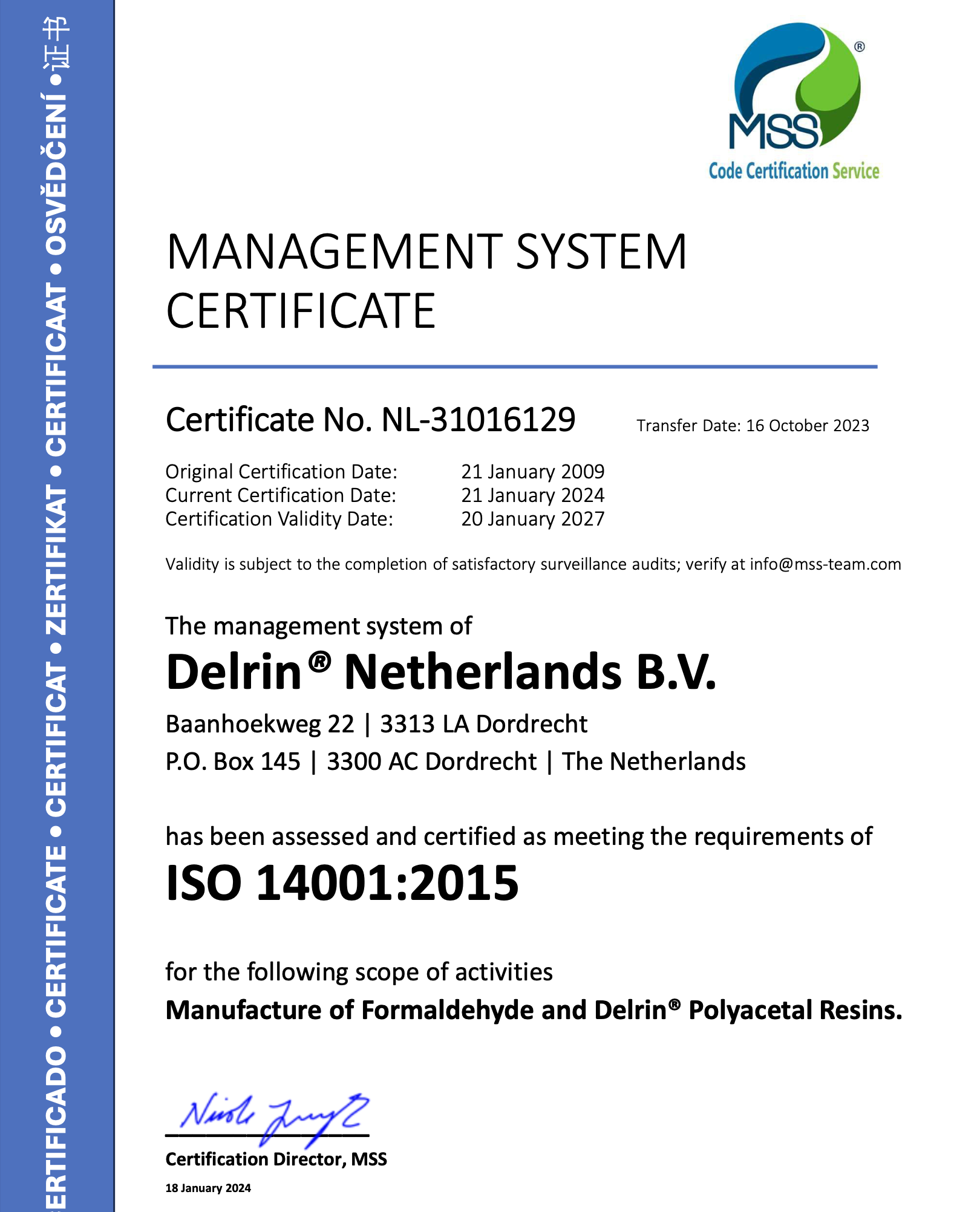 Certifications - Delrin