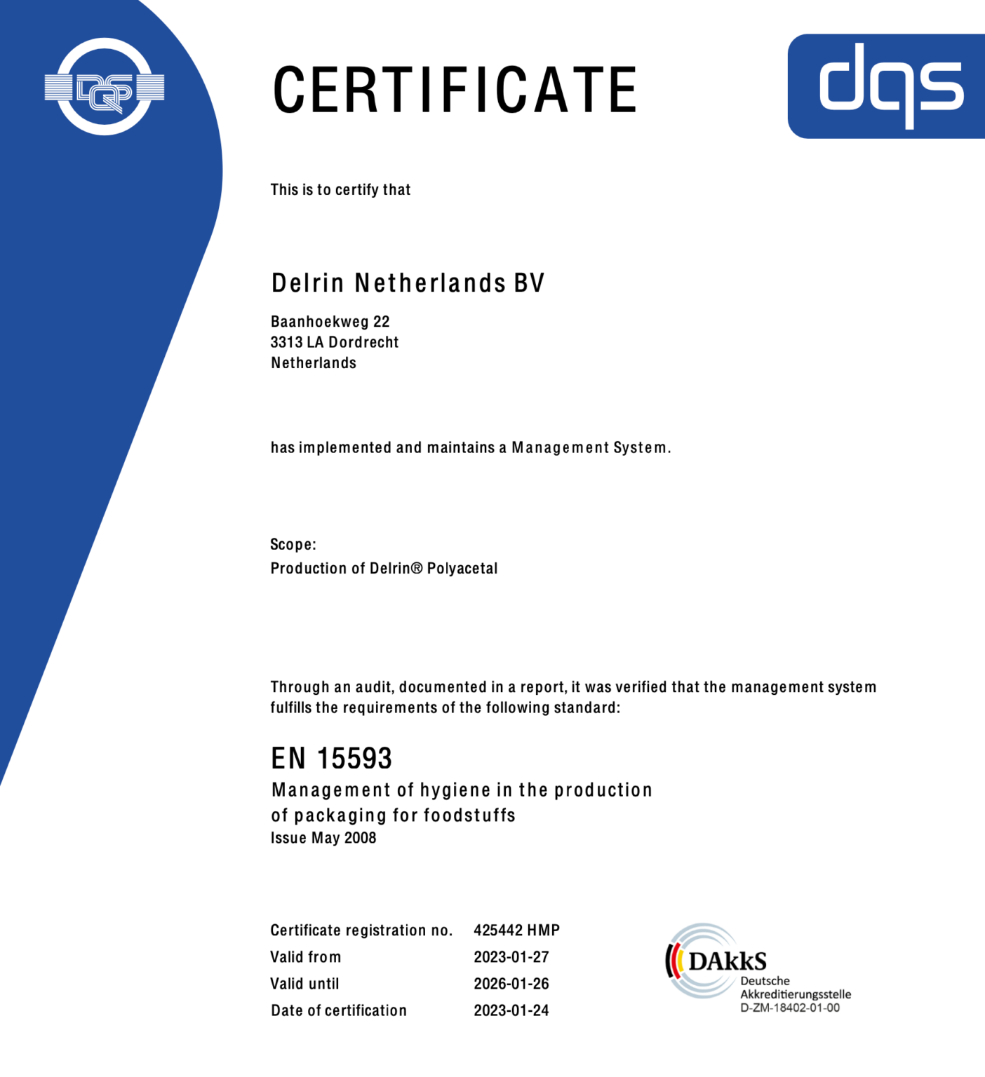 Certifications - Delrin